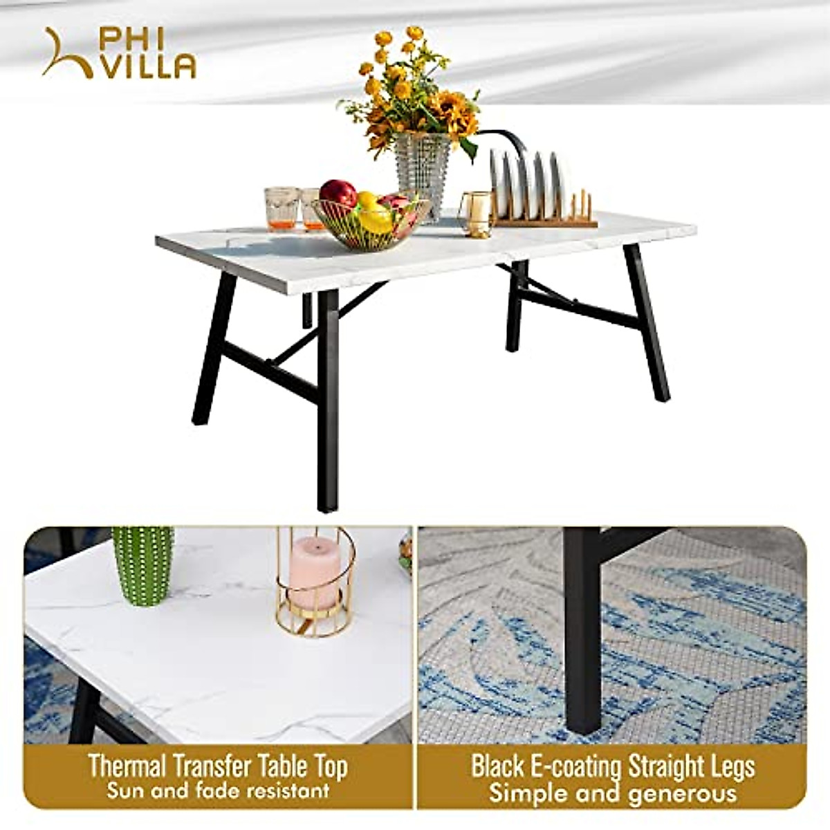 PHI VILLA 6 Piece Patio Conversation Sets, Deluxe Outdoor Patio Set for 5-7 Person with 3 Seater Padded Deep Seating Bench, 2 Padded Swivel Armrest Sofa Chairs, 2 Ottoman and & 1 Coffee Table