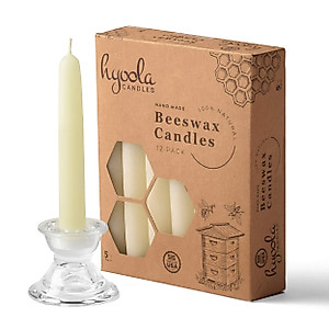 Hyoola 5" Beeswax Taper Candles 12 Pack - Handmade, All Natural, 100% Pure Unscented Bee Wax Candle - Tall, Decorative, White 5 Hour Burn Time