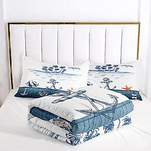 Suncloris Nautical Sailboat Comforter Set for Kids and Adults, Queen Size Anchor Rudder Themed Bedding Comforter with 2 Coastal Ocean Plant Patterned Pillowcases - 90"x90" (Queen, Dark Blue)