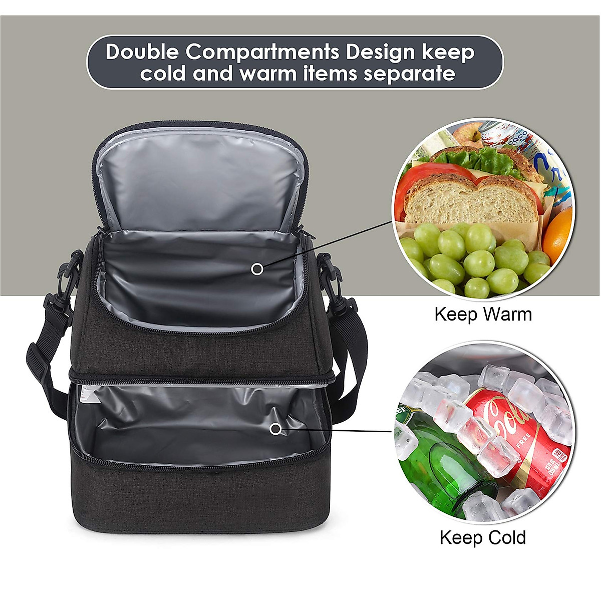 MIER 2 Compartment Kids Small Lunch Box Bag for Boys Girls Toddlers, Adult Leakproof Cooler Insulated Lunch Tote with Shoulder Strap (Dark Grey)