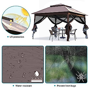10'x10' Pop Up Gazebo Outdoor Canopy Tent Patio Gazebo Canopy Heavy Duty Party Tent with Mosquito Netting for Backyard Garden Patio and Lawn, Brown
