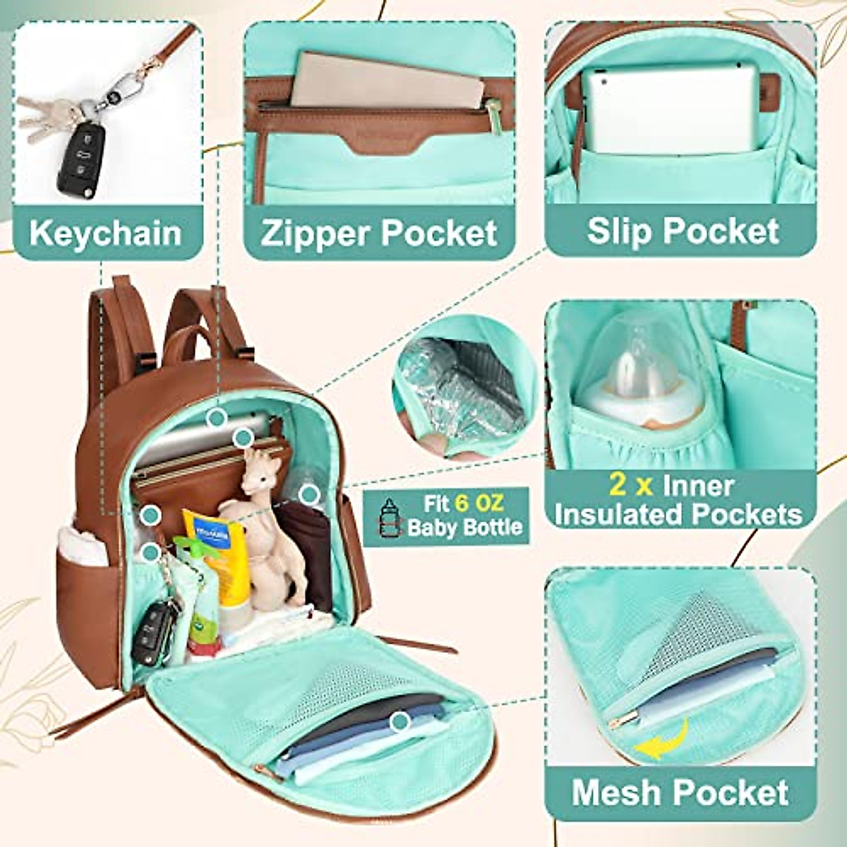 MOMINSIDE Small Diaper Bag Backpack, Mini Baby Diaper Bag with 11 Pockets, Leather Travel Baby Bag for Baby Girls, Diaper Bag Organizers, 2 Insulated Pockets, Stroller Straps, Baby Registry (Brown)