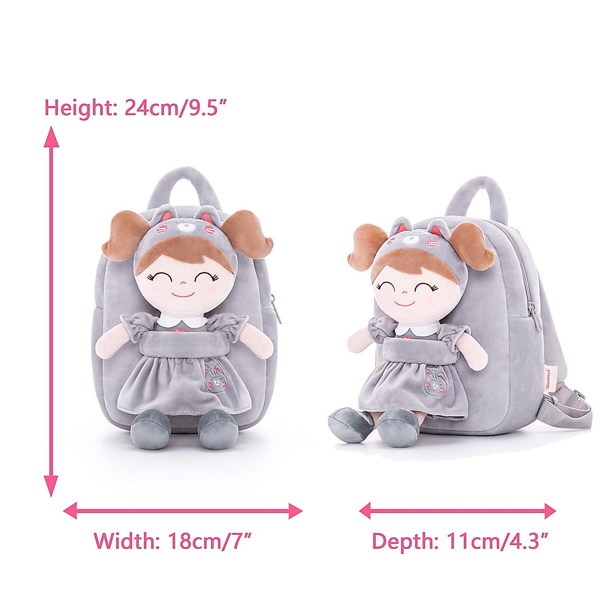 Gloveleya Cat Backpack Toddler Backpack Soft Plush Backpack with Plush Doll Gray