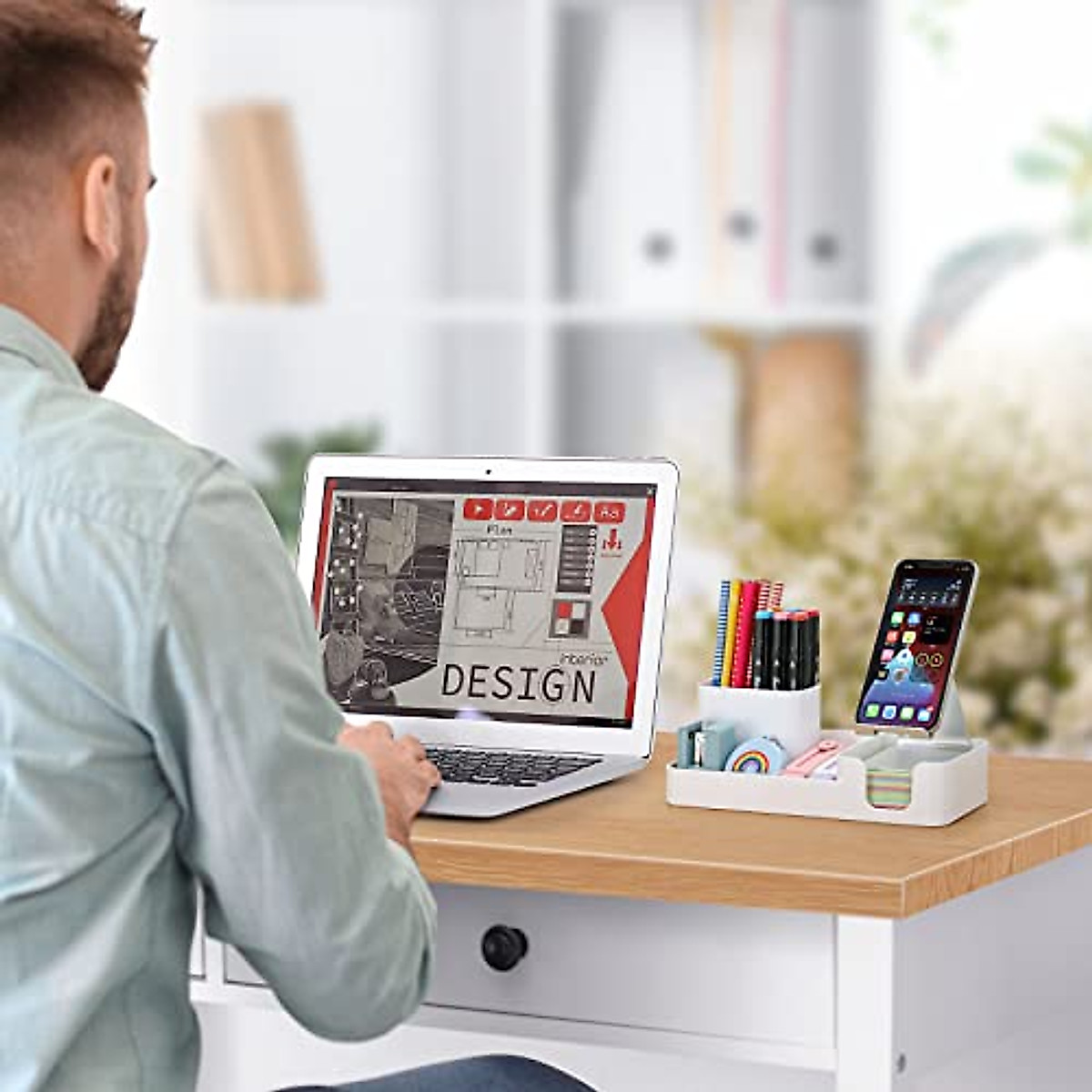 LETURE Pen Holder for Desk, Desktop Organizer with Mobile phone holder/Pencil Holders/Sticky Note Tray/Paperclip Storage and Office Stationery Accessories Caddy for Office Home School (White)