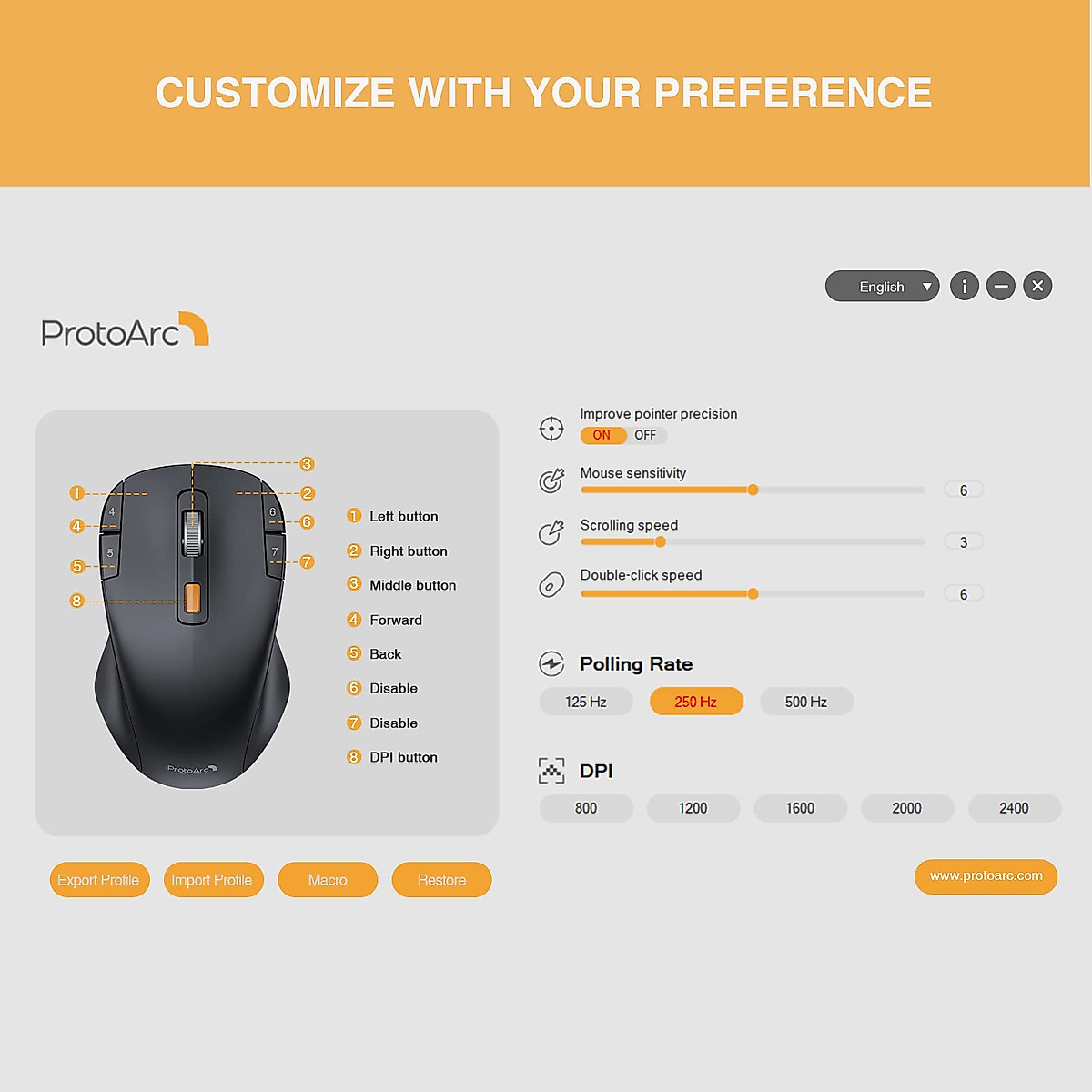 Wireless Macro Mouse, ProtoArc EM12 2.4G Ergonomic Mouse with 8 Programmable Buttons, Type-C Rechargeable Mouse, 2400 DPI, Symmetrical Computer Mouse for Laptop PC Mac, for Right & Left Hand Black