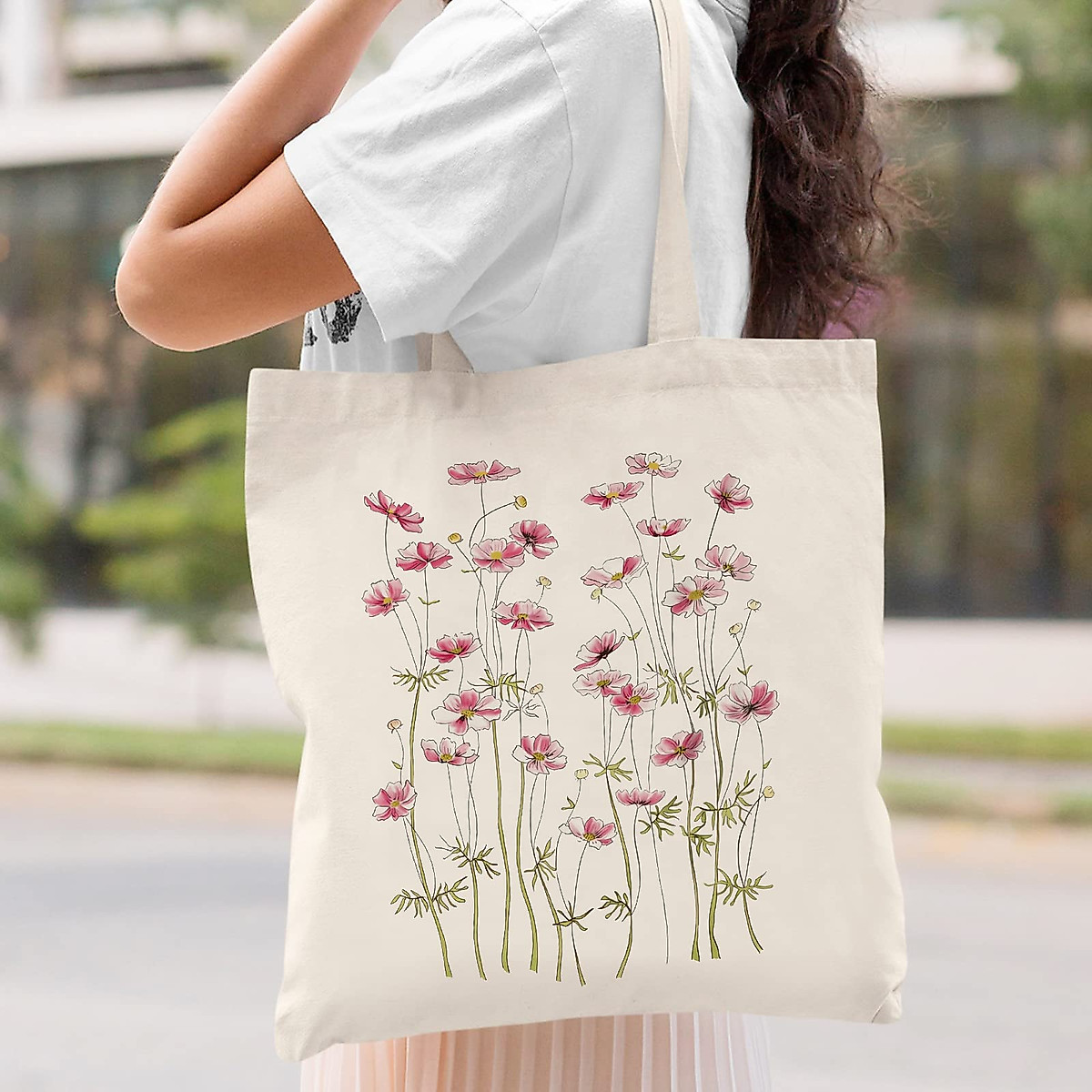 Kimoli Floral Canvas Aesthetic Tote Bag for Women Beach Bag Shopping Bags Shoulder Bag Reusable Grocery Bags A