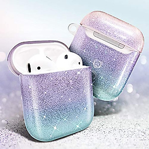 NZND Case Compatiable with Apple AirPods 1/2, Crystal Glitter Sparkle Bling, 360° Protective Cute Cover Carrying Case Girls Women with Rose Gold Keychain -Purple/Aqua