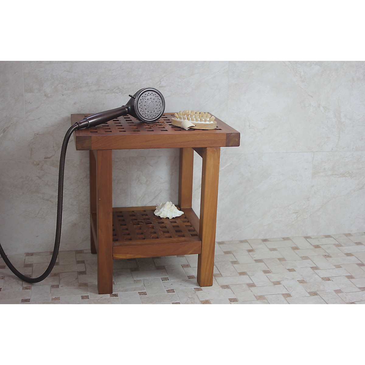 AquaTeak The Original 18" Grate Teak Shower Bench with Shelf