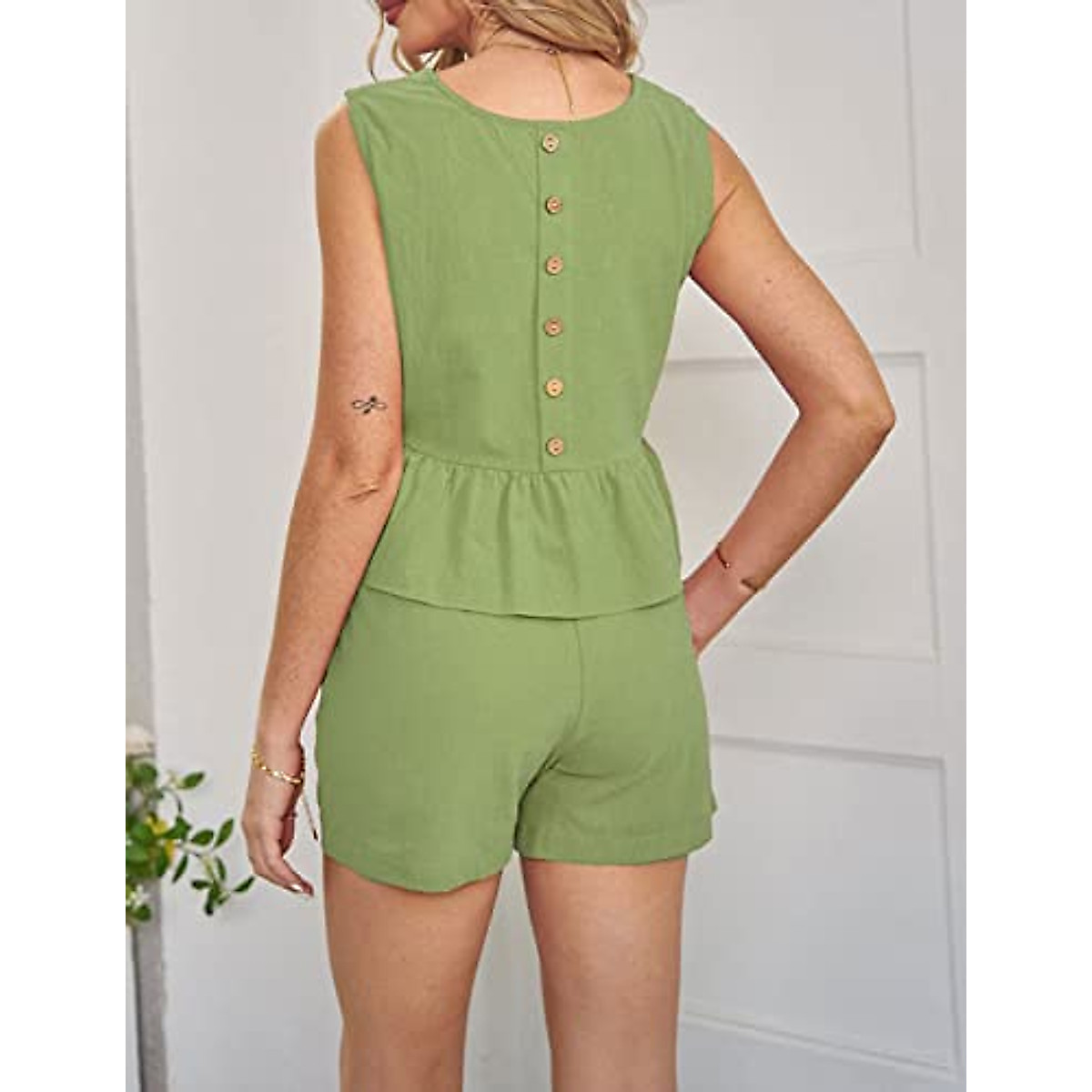 Bozanly Women's Summer 2 Piece Outfits Sleeveless Ruffle Crop Tank Top High Waist Wide Leg Shorts Sets(0680-Green-XL)