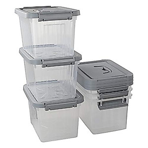 Gloreen 6 Quart Clear Storage Bins with Grey Lid and Handle, Stackable Plastic Storage Latch Box/Containers, 6 Packs