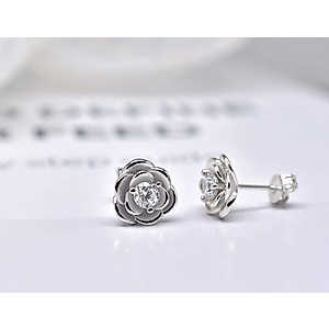 Rose Flower Stud Earrings for Sterling Silver with Gold Plated Hypoallergenic Jewelry Cubic Zirconia Studs Earring, Birthday Gifts for Women(White)