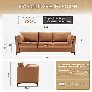 COLAMY 93" Mid-Century Modern Faux Leather Sofa，Oversized 3-Seater Couch with Comfy Cushions and Wood Legs for Living Room, Bedroom, Office, Apartment, Brown