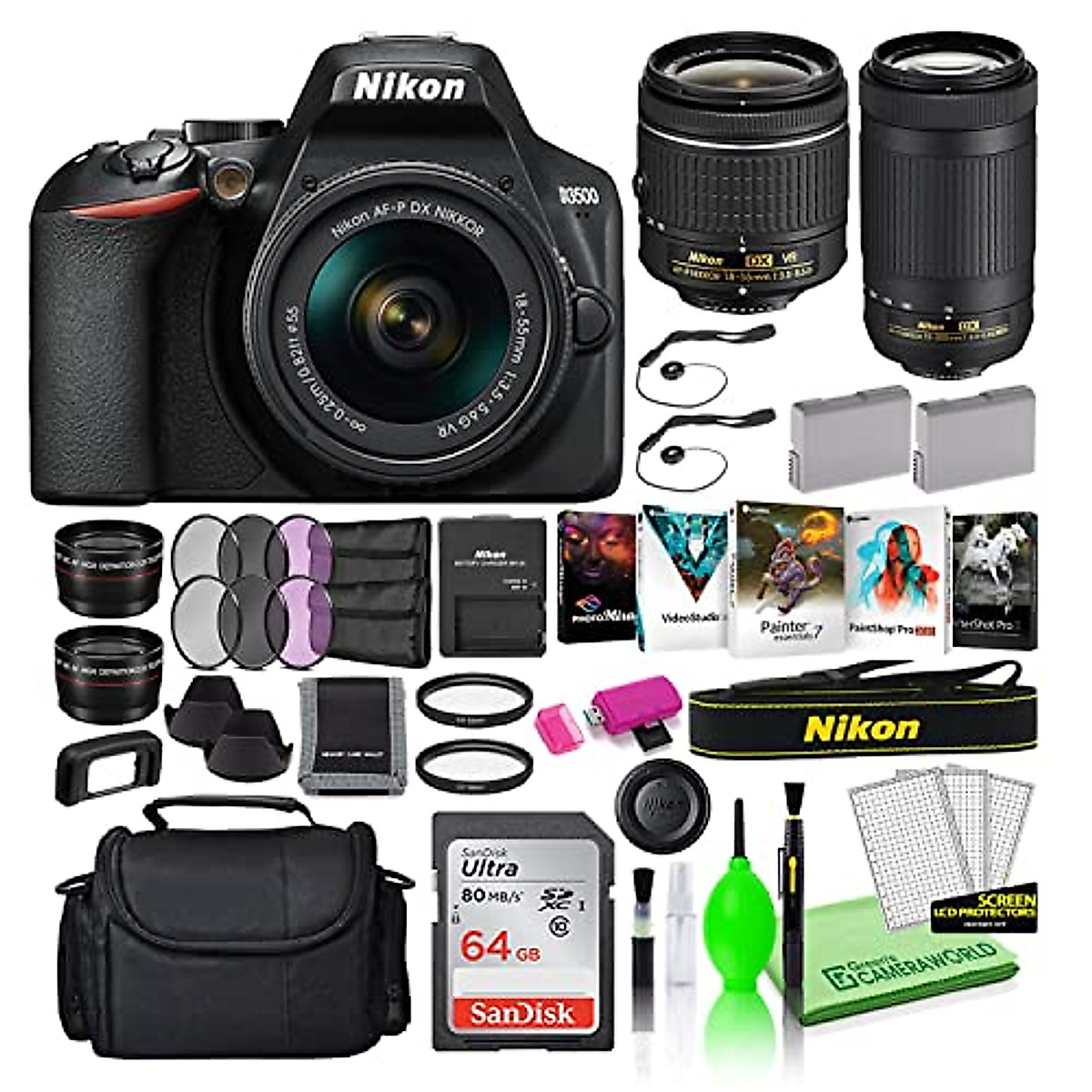 Nikon D3500 24.2MP DSLR Digital Camera with 18-55mm and 70-300mm Lenses (1588) USA Model Deluxe Bundle -Includes- Sandisk 64GB SD Card + Large Camera Bag + Editing Software + Spare Battery + Filters