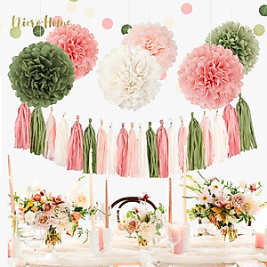 NICROHOME Wedding Party Decorations, 28 PCS Sage Green Tissue Paper Pom Poms,Circle Dots Garland Paper Tassels Hanging Backdrop for Boho Neutral Baby Shower, Bridal Shower, Engagement Party Supplies