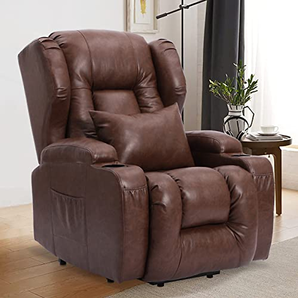 IPKIG Power Lift Chairs Recliners for Elderly with Massage and Heated, Faux Leather Power Recliner Chair with USB Ports/2 Remote Control/4 Side Pocket for Living Room, Bedroom (Brown)