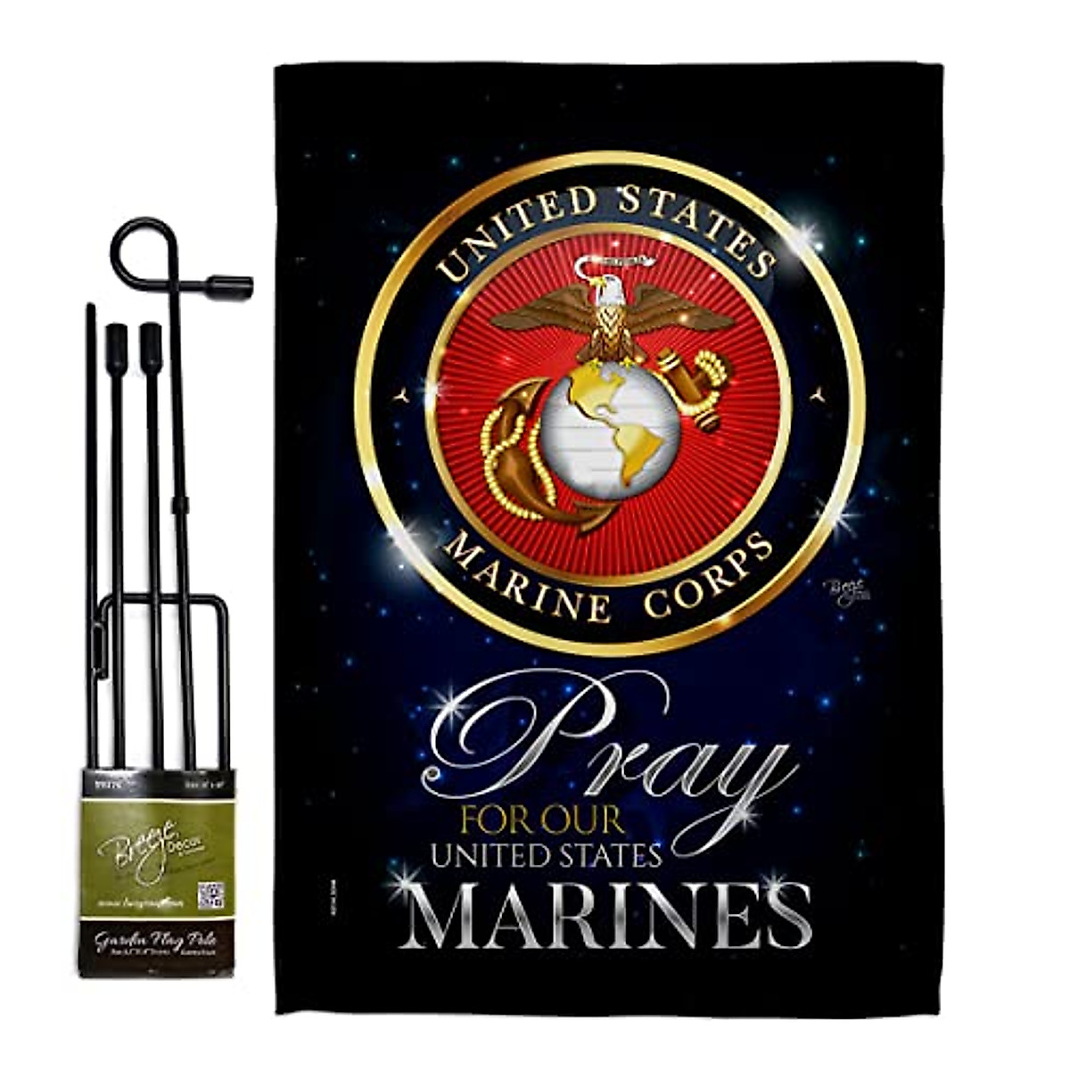 Breeze Decor Pray United Garden Flag Set with Stand Armed Forces Marine Corps USMC Semper Fi State American Military Veteran Retire Official House Yard Gift Double-Sided, Made in USA