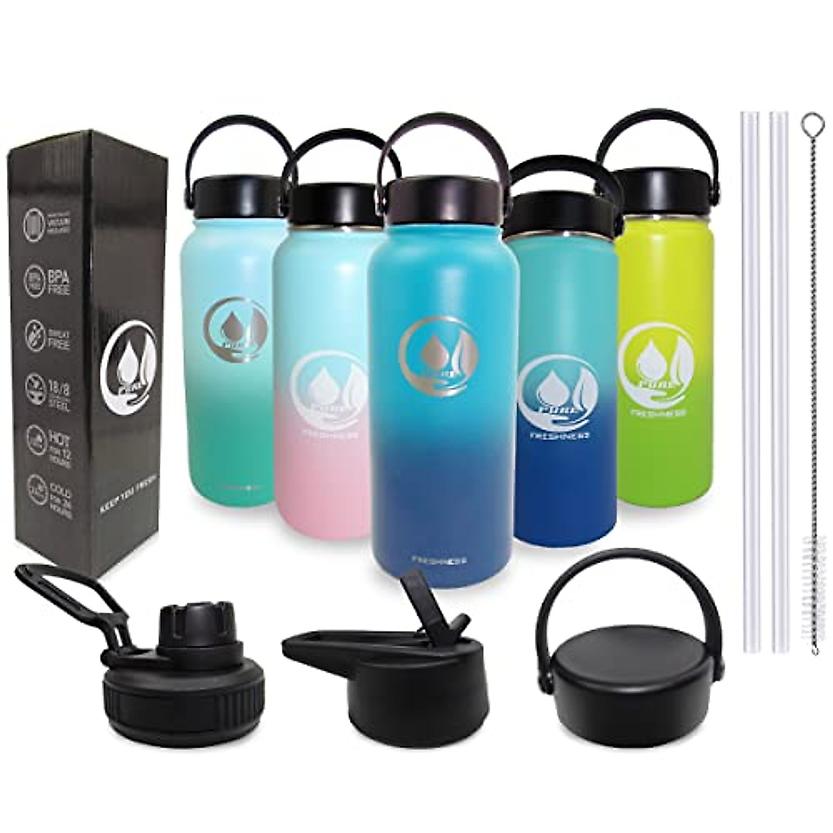 Water Bottle 18,22,32 OZ, 3 Lids, PUREFRESHNESS Leak Proof, Vacuum Insulated Stainless Steel Water Bottle, Double, Thermo Mug, Gym Sport Water Bottle, Hot&Cold Water Bottle (22 oz blue gradient))