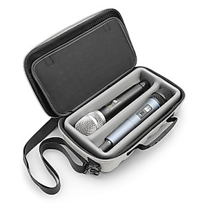 CASEMATIX Dual Wireless Microphone Case for Wireless Mic System Compatible with Sennhesier, Shure Microphones and More, Dual Mic Bag with Shoulder Strap and Hard Shell Gray Exterior