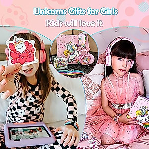 Joofooby Kids Unicorns Headphones with Mic for Travel/Car/Plane/School,Unicorns Gifts for Girls with Gifts Box,On/Over Ear HD Stereo with 95dB Volume Limited,Wired Headsets with Nylon Cable (Pink)