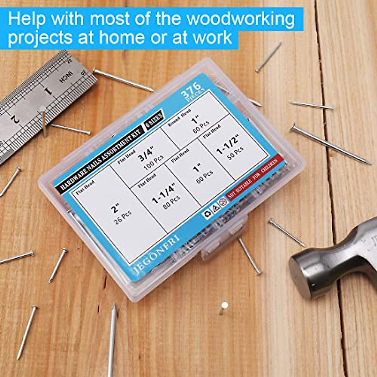 376pcs Premium Hardware Nails Assortment Kit, Maximum Length 2 Inches Galvanized Nails, Picture Hanging Nails, Wood Nails, Wall Nails with Storage Box | 6 Sizes