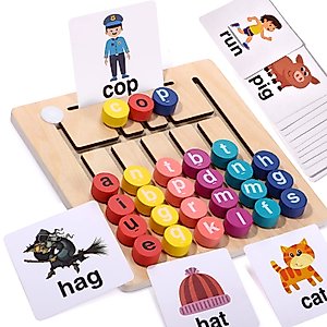 Lewo Wooden Reading Blocks Montessori Toys Sight Word Flash Cards Spelling Games Alphabet Letter Slide Puzzle Preschool Educational Learning Toys for Kids Boys Girls