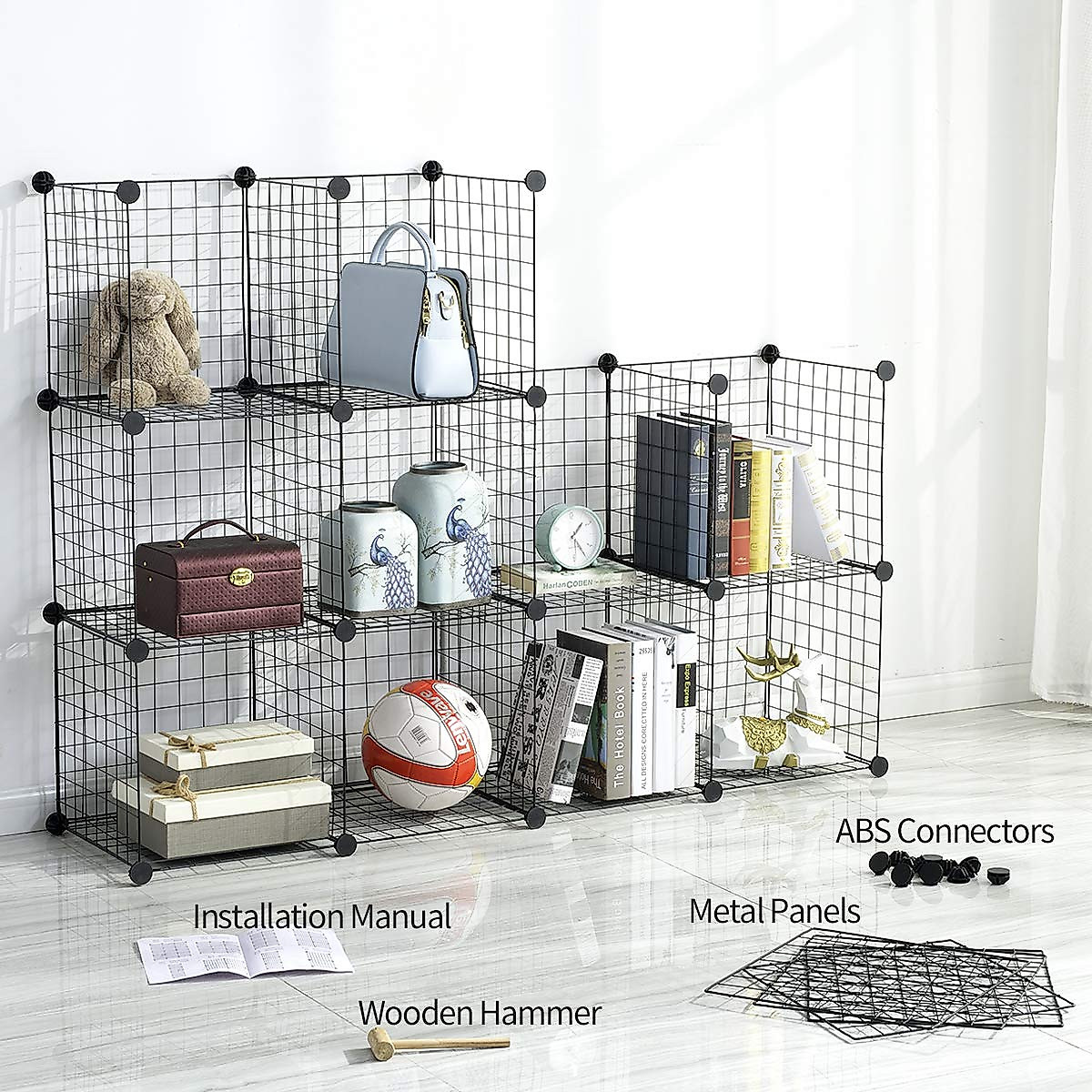 BRIAN & DANY Metal Wire Storage Cubes, DIY 9-Cube Closet Cabinet and Modular Shelving Grids, Wire Mesh Shelves and Rack, Black
