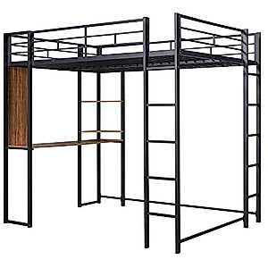 LZ LEISURE ZONE Full Loft Bed with Desk, Metal Full Size Loft Bed Frame with 2 Shelves, Bedroom Furniture, Black