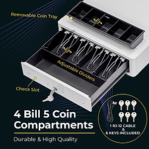 Volcora Cash Register Drawer for (POS) Point of Sale System with Round Corner 13", Removable Coin Tray, 4 Bill/5 Coin, 24V, RJ11/RJ12 Key-Lock, Media Slot,Cash Till for Businesses, White