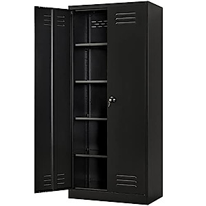 CJF Metal Storage Cabinet, Locked Steel File Cabinet with 4 Adjustable Shelves & Locking System, Tall Metal Garage Cabinet for Office, Home, 70.86" H×31.5" W×15.75" D（Black）