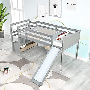 Low Loft Bed with Slide and Stairs Twin Loft Bed with Storage Wood Bed Frame for Kids Teens Girls Boys， Gray