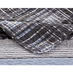 Kids Zone Home Linen Charcoal White Light Grey Stripe Plaid Pattern Unisex Bedspread New (Twin/Twin Extra Long)