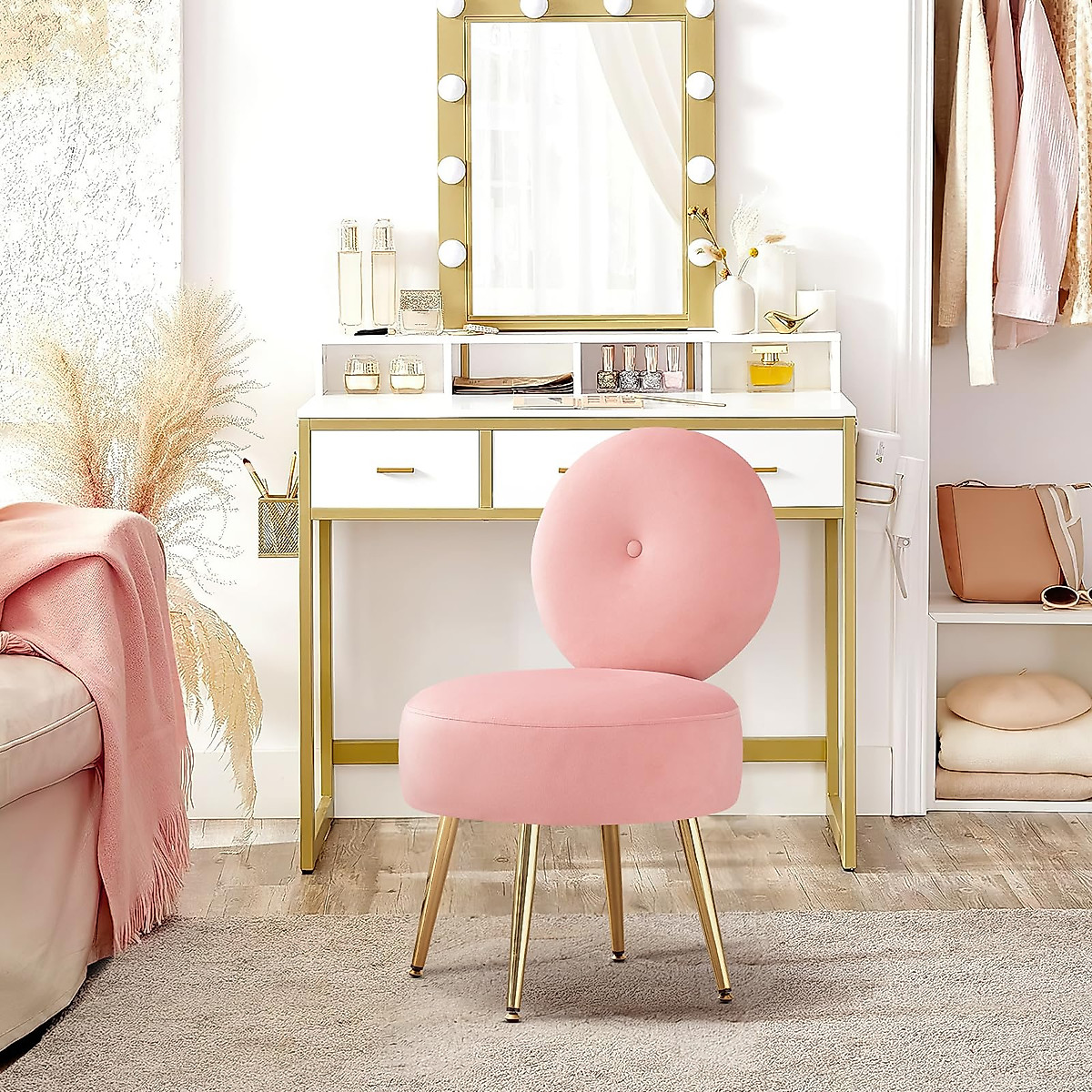 Furniliving Velvet Vanity Stool Vanity Chair with Back Makeup Chair for Vanity with Metal Legs, Mid Century Living Room Chair, Modern Chair for Dressing Room, Bedroom(Pink)