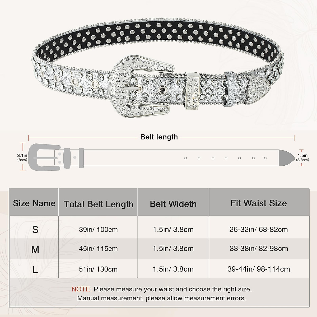 AWAYTR Rhinestone Belt for Women Men - Western Cowgirl Sequin Diamond Bling Studded Belts for Jeans Pants (100cm, Silver)