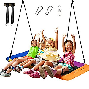 OLAKIDS 700lb 60'' Giant Platform Tree Swing, Adjustable Saucer Swing Seat for Kids Adults, Rectangle Multi-Color Rainbow Swing Seat with Hanging Straps for Indoor Outdoor Backyard Playground