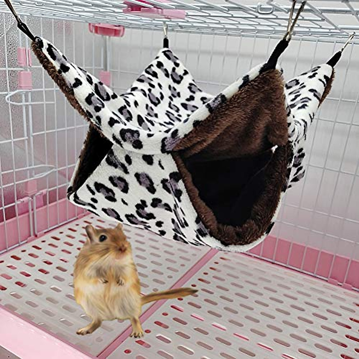 ELEpure Small Animal Pet Hanging Hammock for Cage, Leopard Print Double Bunkbed Hammock for Ferret Hamster Parrot Guinea Pig Chinchilla Flying Squirrel Sleeping Playing (S: 7.9x7.9/20x20cm, Grey)
