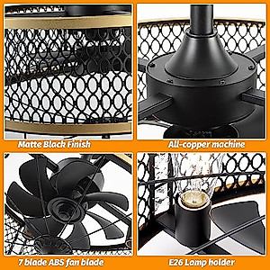 Ceiling Fans with Lights and Remote - Low Profile Ceiling Fan 20 inch - Powerful Bedroom Ceiling Fan with 7 Blades - Adjustable, Noiseless - Safe Indoor, Outdoor Caged Ceiling Fan with Light