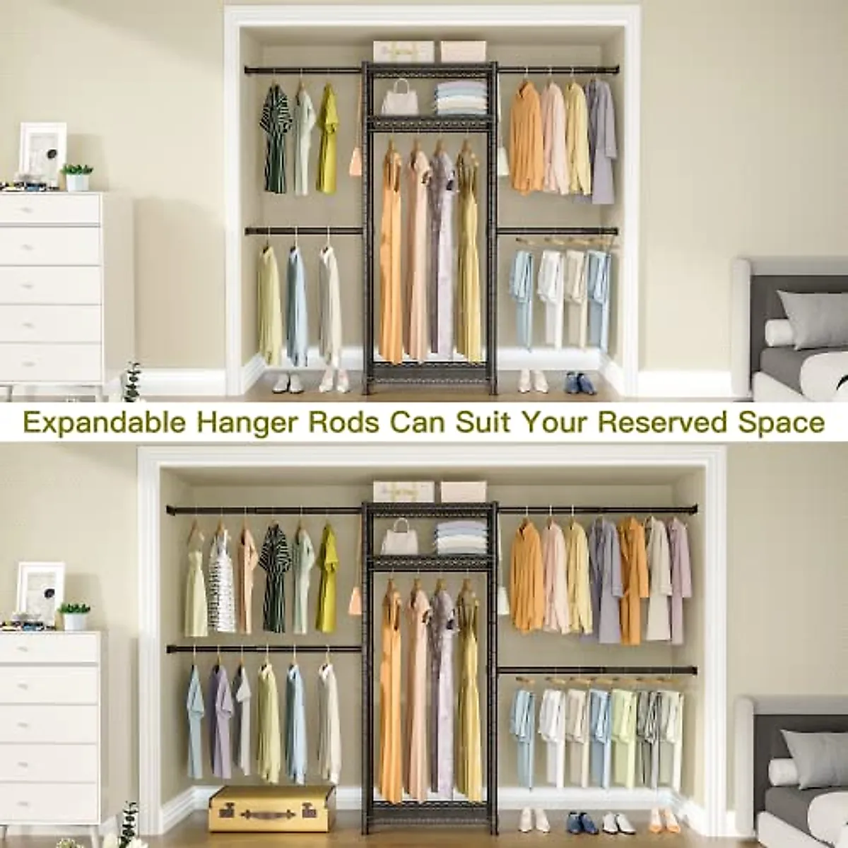 Ulif M3 Clothes Rack Closet Organizer and Storage System 3 Tiers Built-in Wall Mounted Heavy Duty Garment Rack with 4 Expandable Hanger Rods, Fits Space 4.3-9.3 ft, 72.2"H, Load Capacity 710LBS, Black