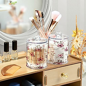 Kigai 2PCS Pink Flowers Qtip Holder Dispenser with Lids - 14 oz Bathroom Storage Organizer Set, Clear Apothecary Jars Food Storage Containers, for Tea, Coffee, Cotton Ball, Floss