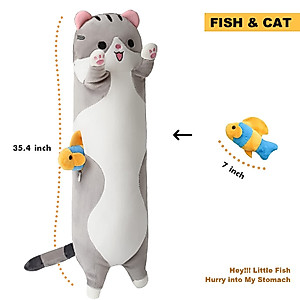PEACHCAT Long Cat Plush Pillow Cute Kitty Body Pillow with Kawaii Fish Plushie Toy Stuffed Animal for Girls and Boys Gray 35.4"