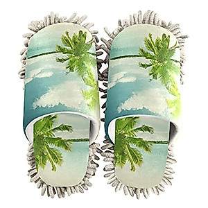 Kigai Microfiber Cleaning Slippers Seaside Palm Tree Washable Mop Shoes Slipper for Men/Women House Floor Dust Cleaner, Size M