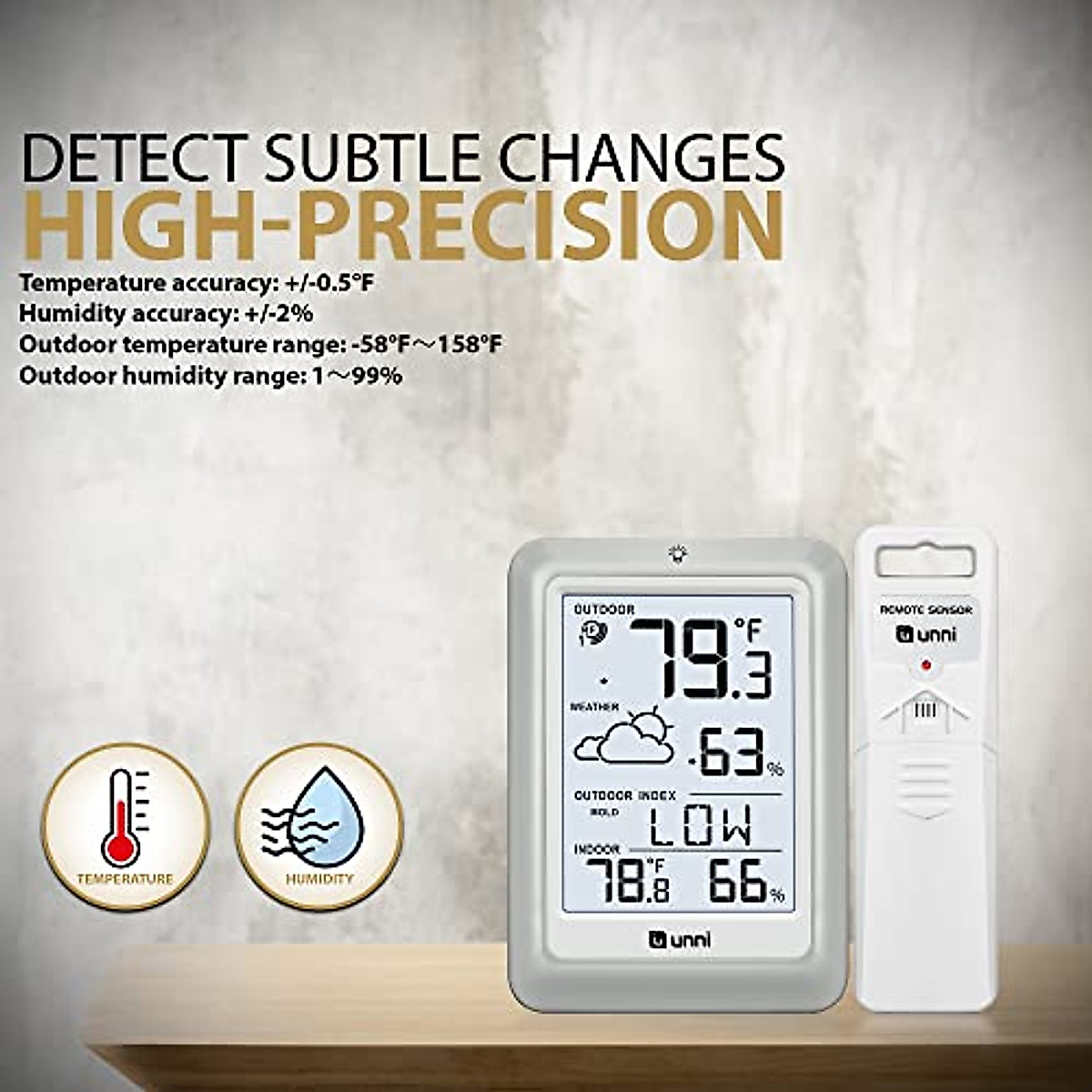 Indoor Outdoor Thermometer Hygrometer Wireless Weather Station, Temperature Humidity Monitor Battery Powered Inside Outside Thermometer with 330ft Range Remote Sensor and Backlight Display