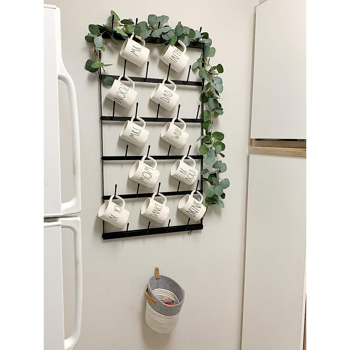 Wall Mounted Coffee Mug Rack - Large Rustic Black Iron Steel Kitchen Rack with 6 Rows - Storage for 27 Cups - Jar & Plate Holder - Vertical Display Organizer - Farmhouse Home Décor - Claimed Corner