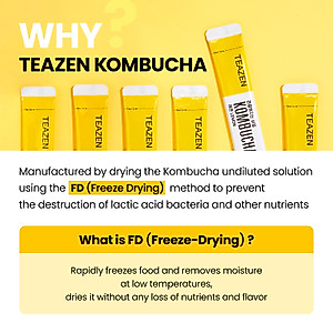 TEAZEN Lemon Kombucha Tea, Live Probiotics & Postbiotics, Relaxation and Warmth for Colds and Sore Throat, Zero Sugar, Low Caffeine, Fermented Kombucha Powder from Korea, 30 Sticks, 5.29oz