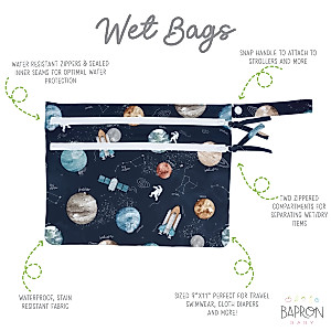 BapronBaby Outer Space Wet Dry Bag - Waterproof Two Zipper Pockets - Reusable for Mealtime, Diapers, Stroller, Snacks, Swimsuits - Machine Washable - 11" x 9"