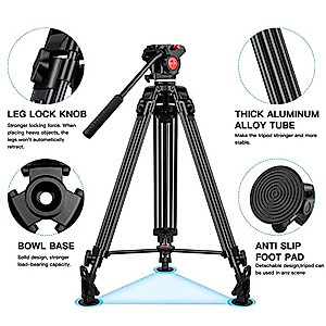 Tripod, 75 inch Tripod for Camera, Heavy Duty Camera Tripod Stand with Fluid Head, 2 Quick Release Mounts and Tablet & Phone Mount, Compatible with DSLR Canon Nikon Sony, 15 lbs Loads Black