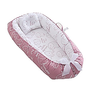 Vohunt Baby Lounger for Newborn,100% Cotton Co-Sleeper for Baby in Bed with Handles,Soft Newborn Lounger Adjustable Size & Strong Zipper Lengthen Space to 3 Tears Old(Elephant Pink)