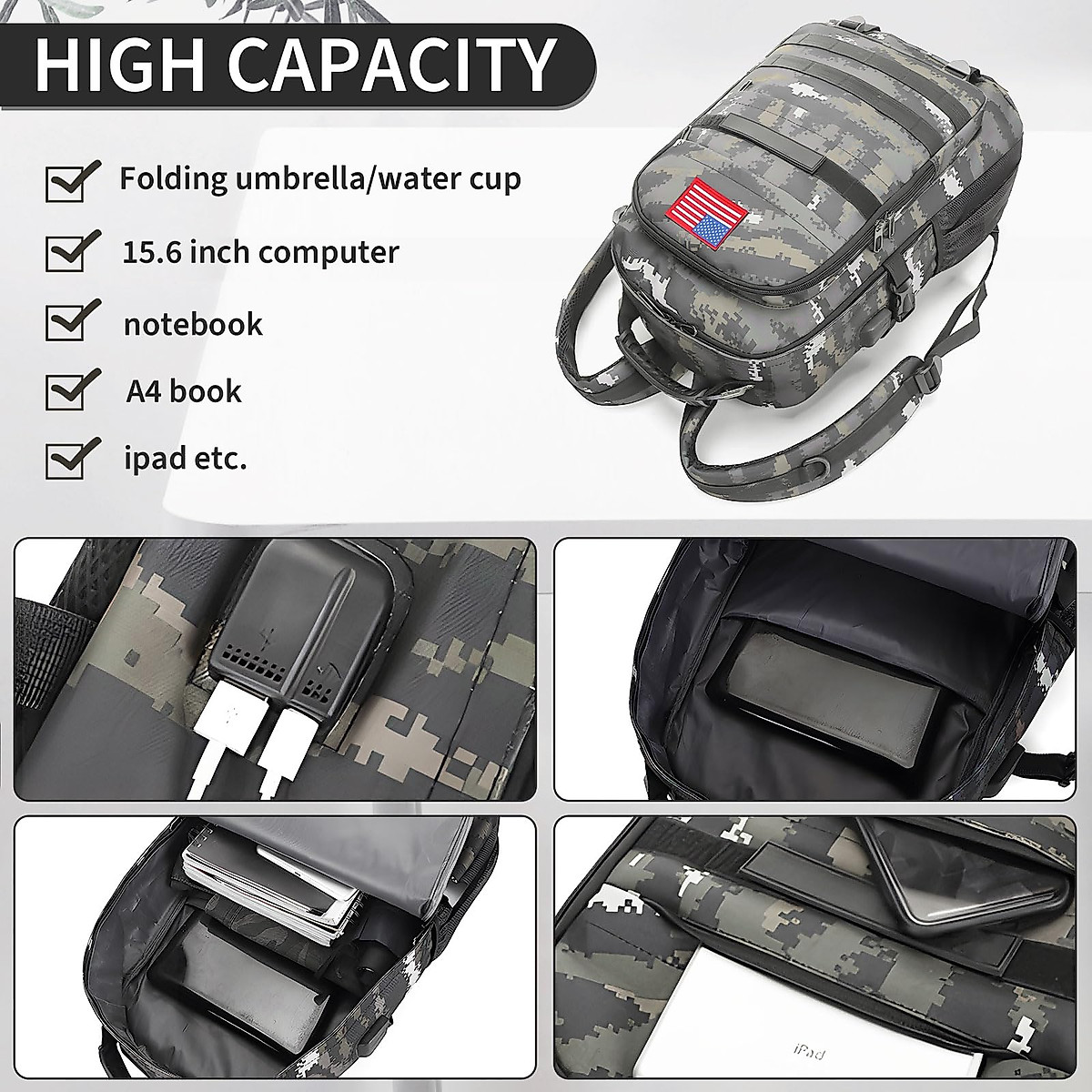 TILYTADLY School Backpack For Boys - Camouflage Boys Backpack For Kids Teens Elementary Middle School - 4pcs Camo Boys Backpack With Lunch Box And Pencil Case，18″ Bookbag With Usb Charging Port