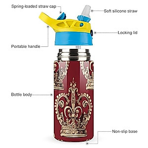 Stainless Steel Water Bottles Red Crown Travel Water Cups with Handle And Silicone Straw Drinking Cup with Leak Proof Lid Thermo Travel Mug for Women Men