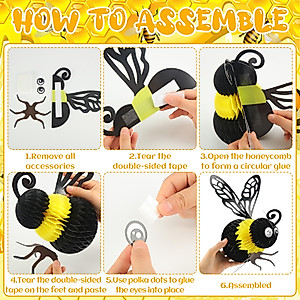 Jetec 6 Pcs Bee Party Decorations 8'' Tissue Bee Honeycomb Bee Hanging Decor for Baby Shower Gender Reveal Decoration Birthday Table Centerpieces Honey Bee Hive Decoration, 8'' x 10''