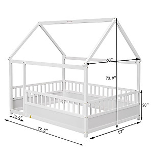 Wood Montessori Floor Bed Full Size, Full Floor Bed with Fence and Door, Full Size House Bed for Kids, Girls, Boys, White Montessori Bed Full Size
